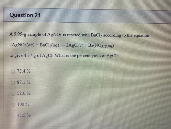 Solved Question 21 A 5.95-g sample of AgNO3 is reacted with | Chegg.com