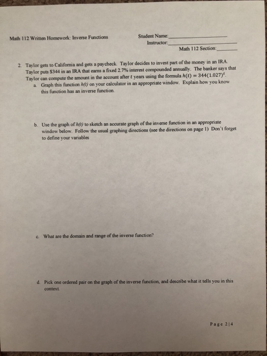 Solved Math 112 Written Homework: Inverse Functions Student | Chegg.com
