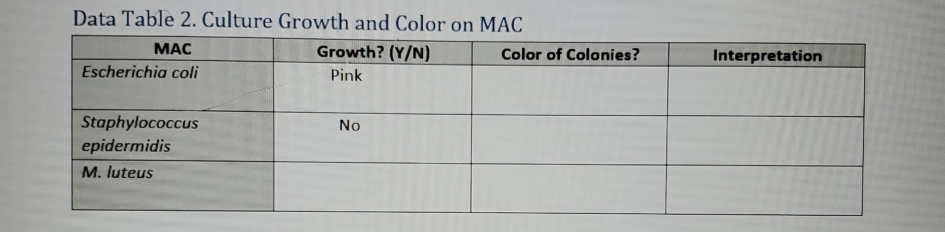 Solved Data Table 2. ﻿Culture Growth and Color on | Chegg.com