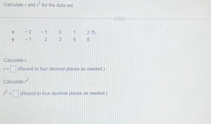 Solved Calculate r and r² for the data set. X -2 - 1 0 y - 1 | Chegg.com