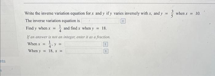 Solved Write the inverse variation equation for x and y if y | Chegg.com