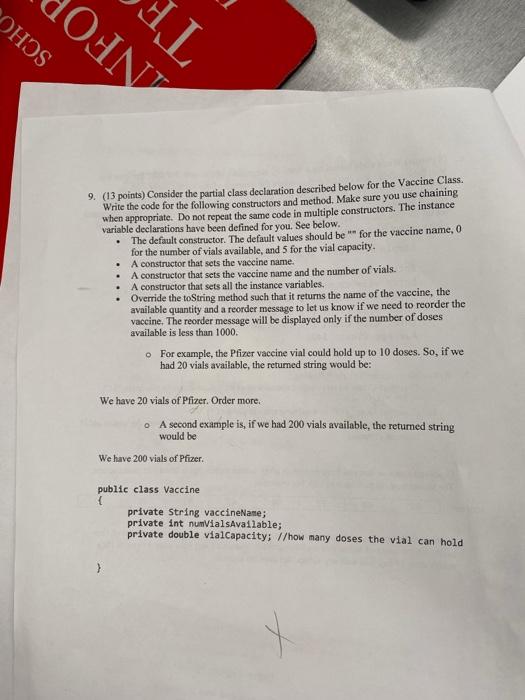 Solved IL ОНУ OHOS 9. (13 points) Consider the partial class | Chegg.com