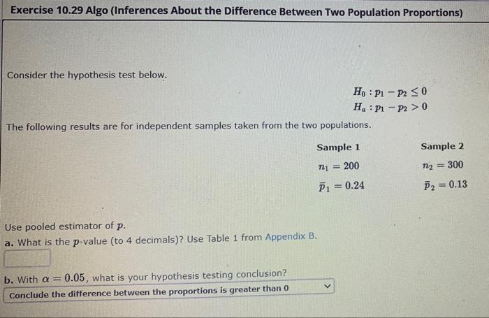 Solved Exercise 10.29 Algo (Inferences About the Difference | Chegg.com
