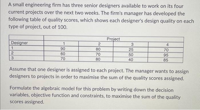 Solved A small engineering firm has three senior designers | Chegg.com