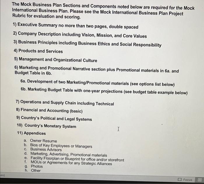 Solved The Mock Business Plan Sections and Components noted | Chegg.com