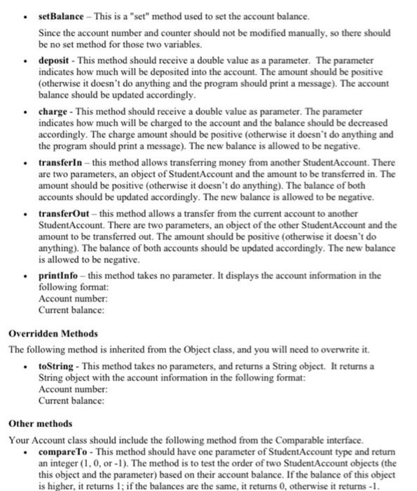 Solved setBalance - This is a "set" method used to set the | Chegg.com