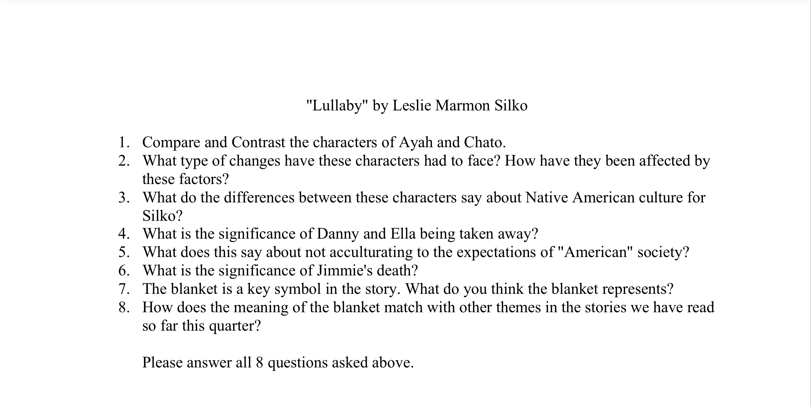 Solved "Lullaby" by Leslie Marmon SilkoCompare and Contrast | Chegg.com