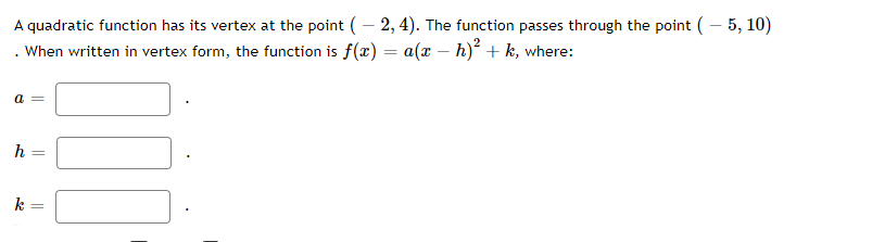 Solved A quadratic function has its vertex at the point | Chegg.com