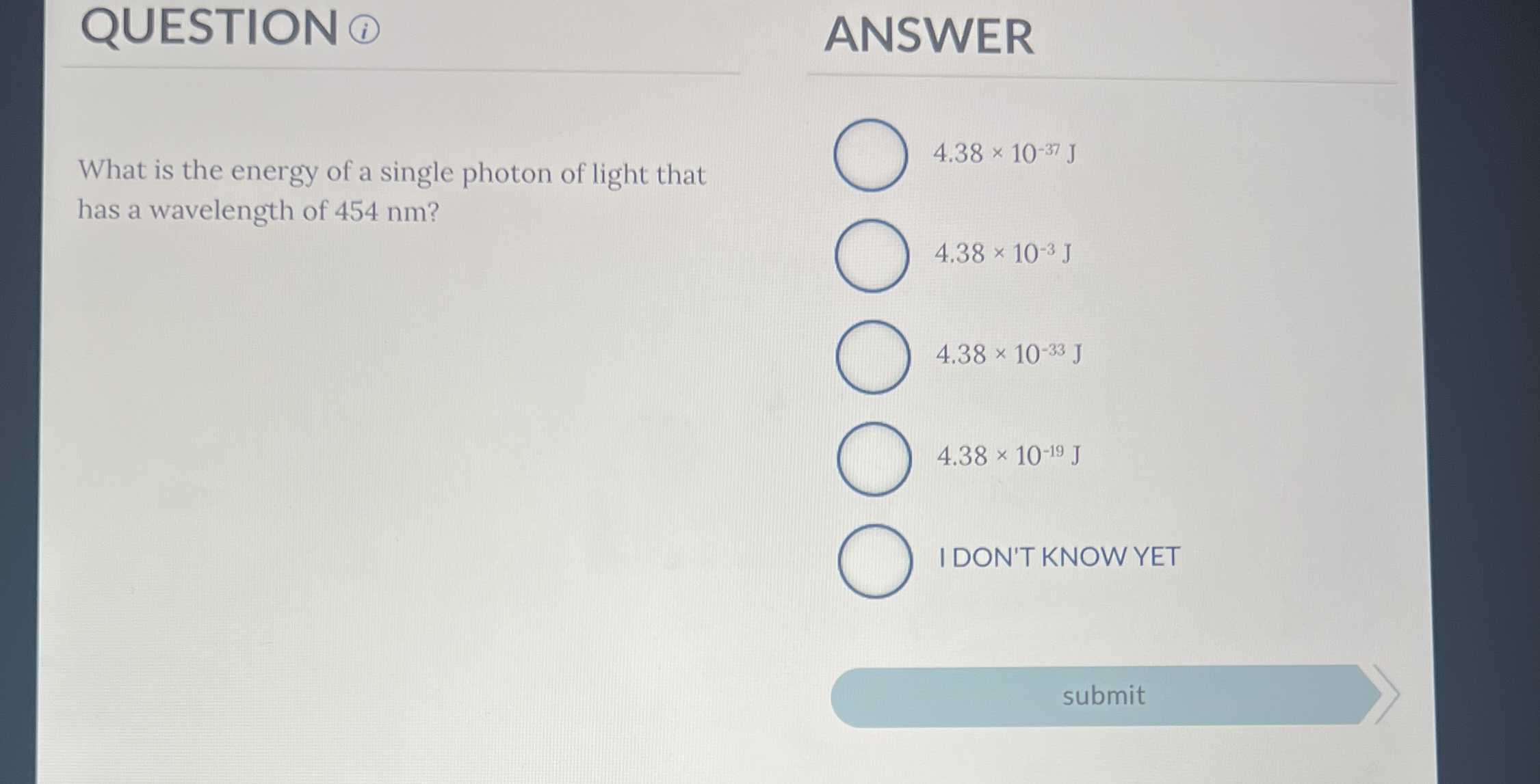 Solved ANSWERWhat is the energy of a single photon of light | Chegg.com