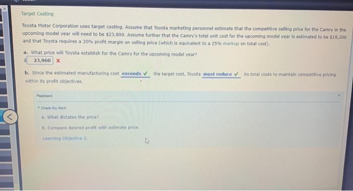 Solved Target Costing Toyota Motor Corporation uses target | Chegg.com