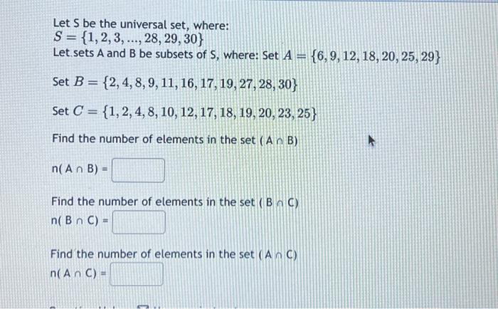 Solved Let S be the universal set, where: Let sets A and B | Chegg.com