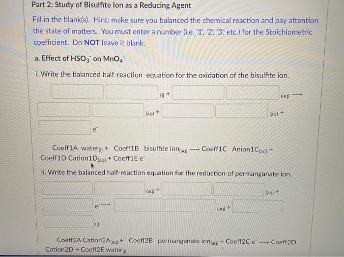 Solved Part 2: Study of Bisulfite lon as a Reducing Agent | Chegg.com
