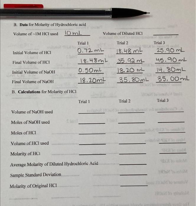 Solved please help me with calculations for Molarity of HCl. | Chegg.com