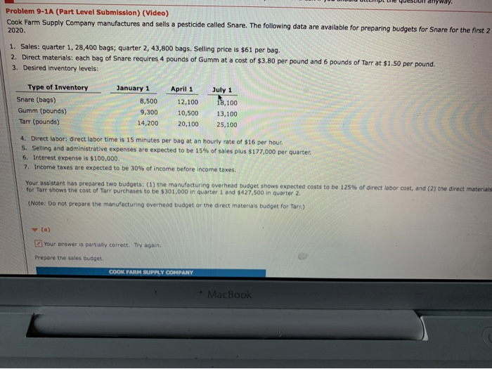Solved Problem 9-1A (Part Level Submission) (Video) Cook | Chegg.com