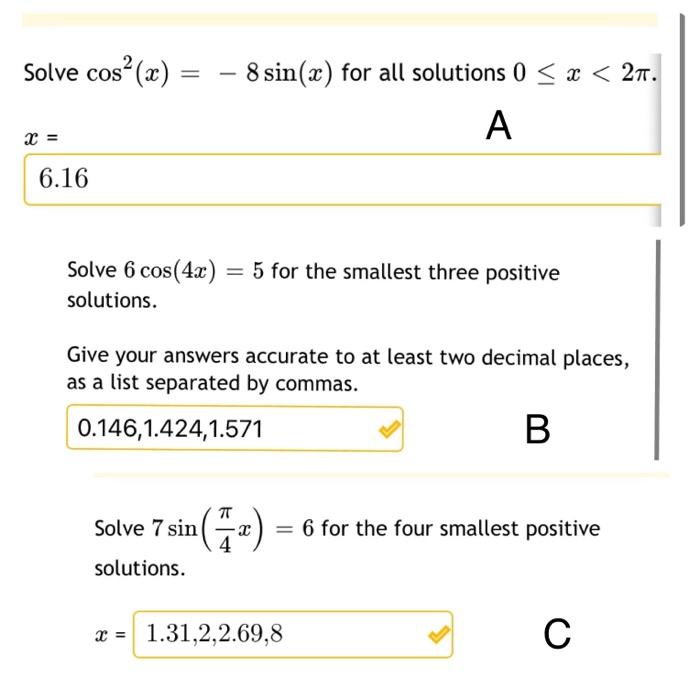 Solved Solve cos(x) - 8 sin(x) for all solutions 0