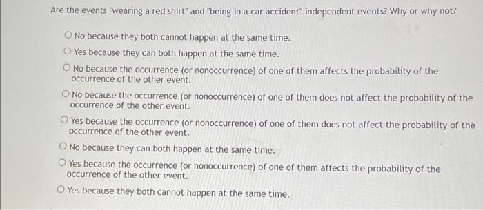 Solved Are the events "wearing a red shirt" and "being in a | Chegg.com