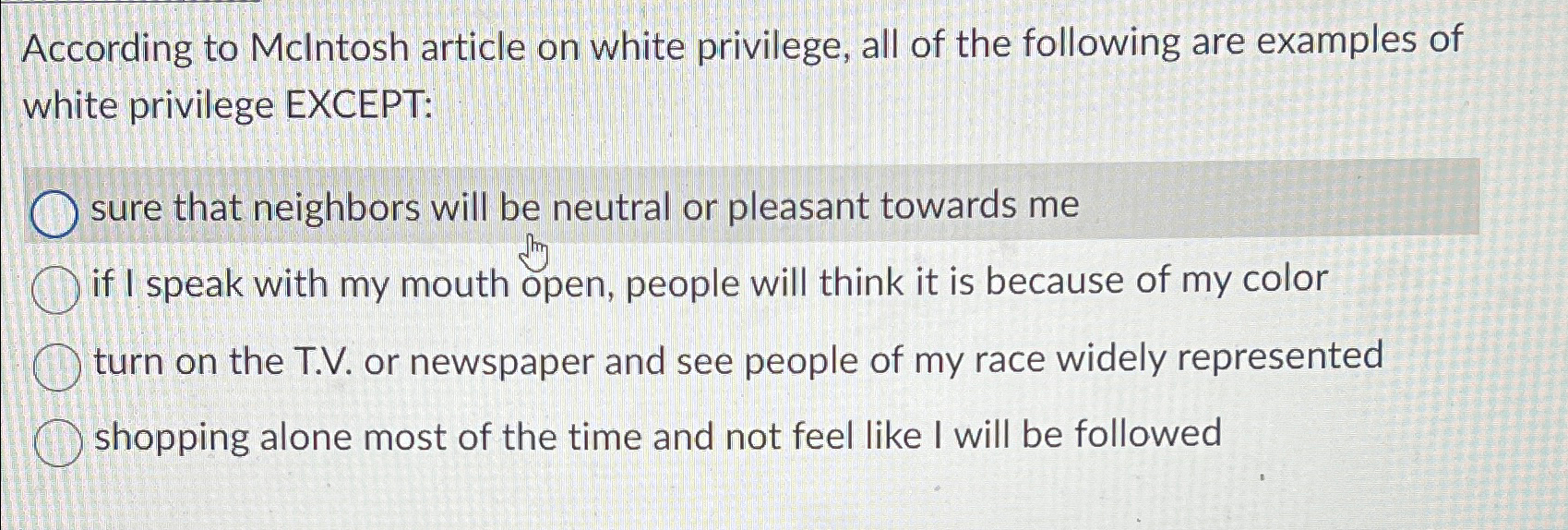 Solved According to McIntosh article on white privilege, all | Chegg.com