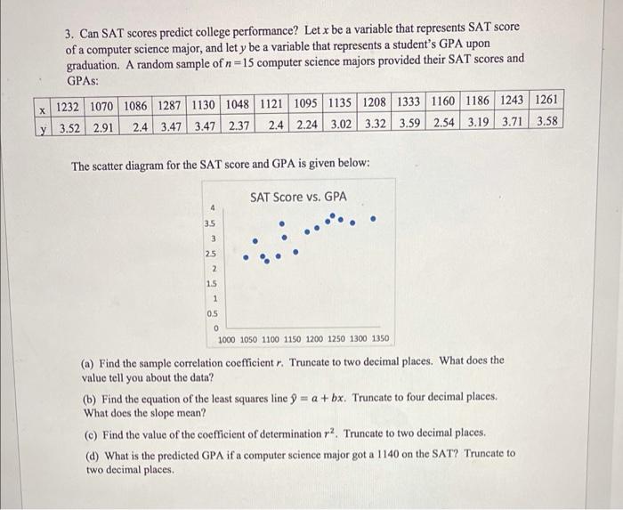 Solved 3. Can SAT scores predict college performance? Let x | Chegg.com