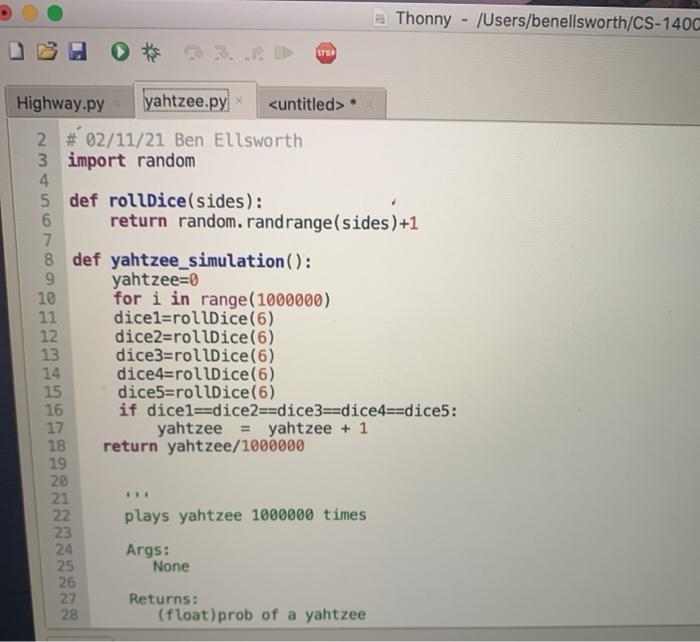 Solved CS 1400: Yahtzee Simulation Description You are | Chegg.com