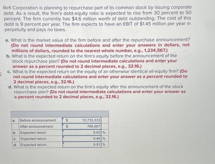 Solved Refi Corporation is planning to repurchase part of | Chegg.com