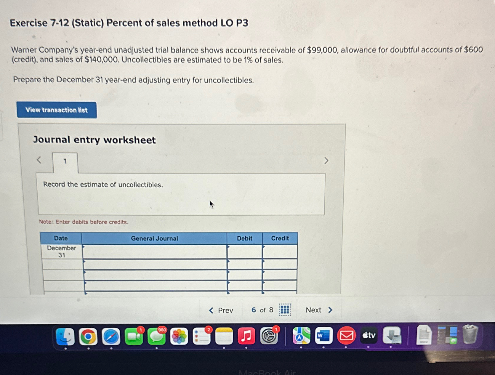 Solved Exercise 7-12 (Static) ﻿Percent of sales method LO | Chegg.com