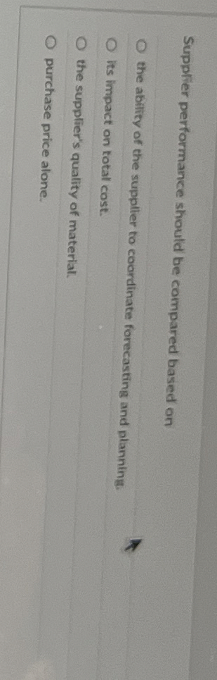 Solved Supplier performance should be compared based onthe | Chegg.com
