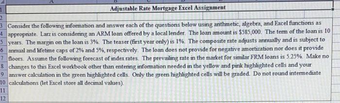 5 1 Adjustable Rate Mortgage Excel Assignment 2 3 | Chegg.com
