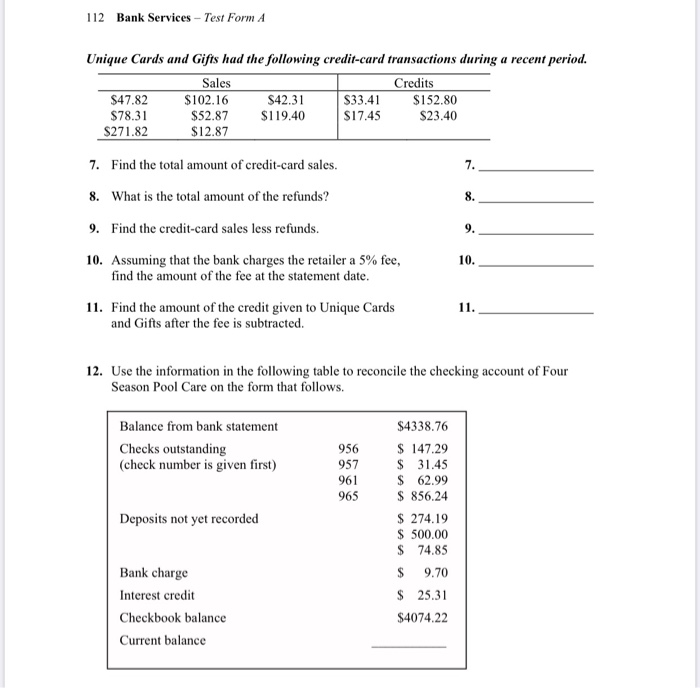 Solved 112 Bank Services - Test Form A Unique Cards and | Chegg.com