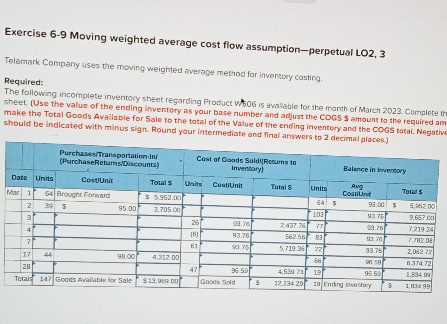 Solved Exercise 6-9 Moving weighted average cost flow | Chegg.com