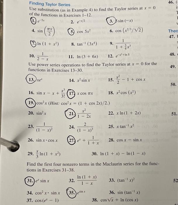 Solved Finding Taylor Series 46. 1 Use substitution (as in | Chegg.com