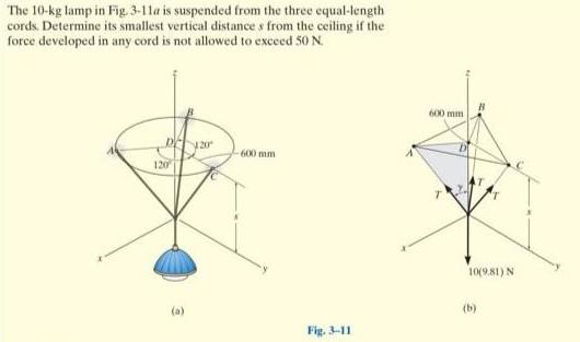 Solved The 10-kg lamp in Fig - 3-11a is suspended from the | Chegg.com