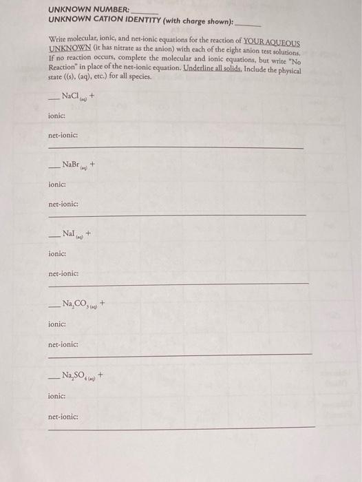 Solved UNKNOWN NUMBER: UNKNOWN CATION IDENTITY (with charge | Chegg.com