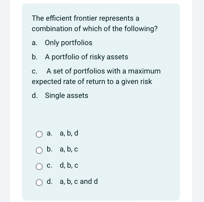 Solved The efficient frontier represents a combination of | Chegg.com