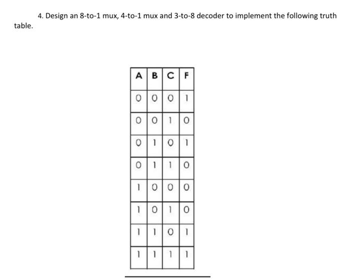 Solved 4. Design an 8-to-1 mux, 4-to-1 mux and 3-to-8 | Chegg.com