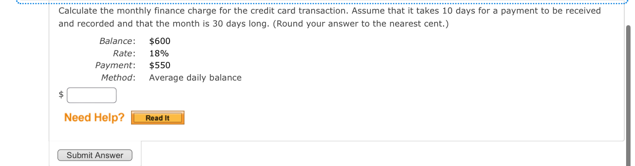 Solved Calculate the monthly finance charge for the credit | Chegg.com