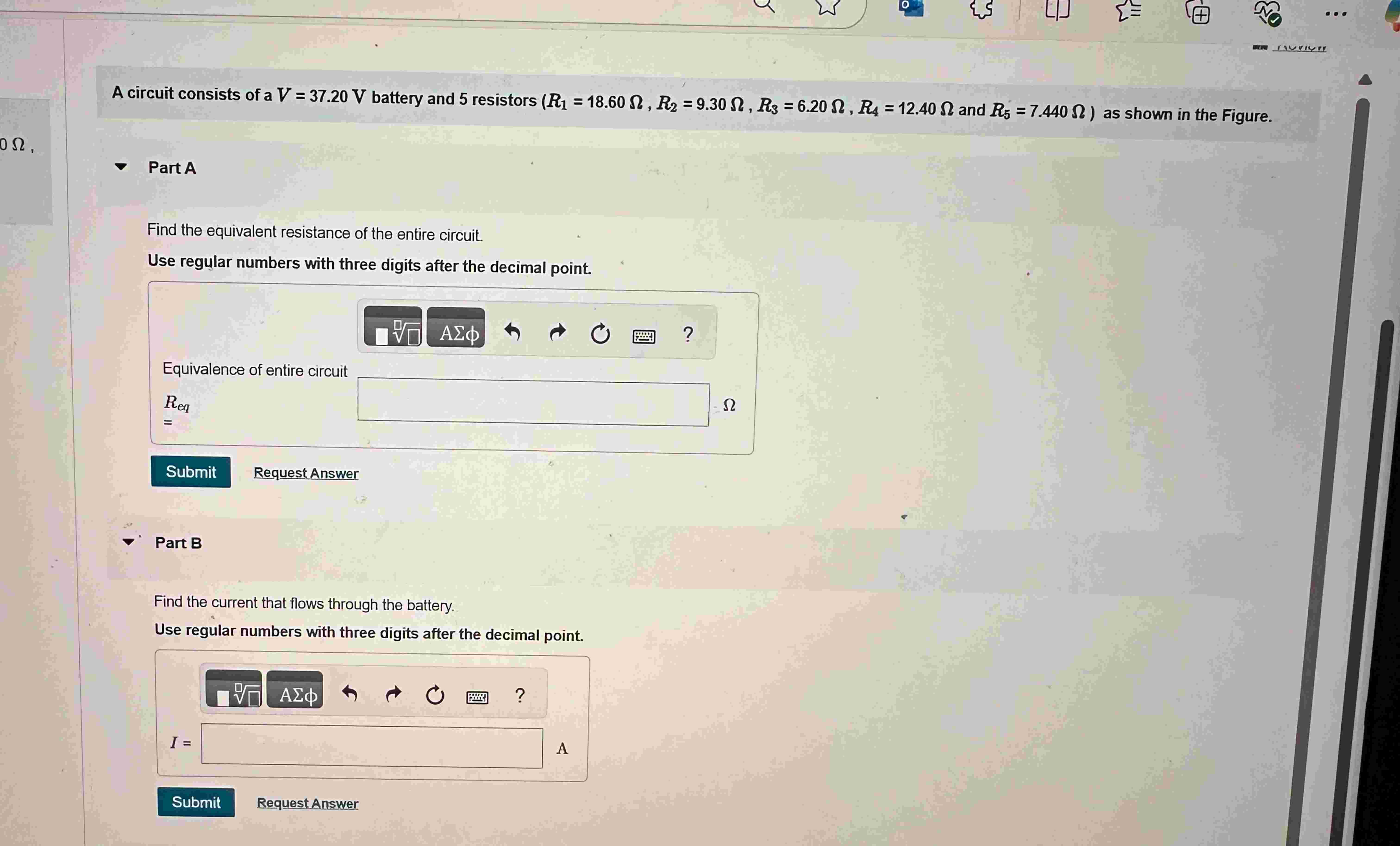 Solved A circuit consists of a V=37.20V ﻿battery and 5 | Chegg.com