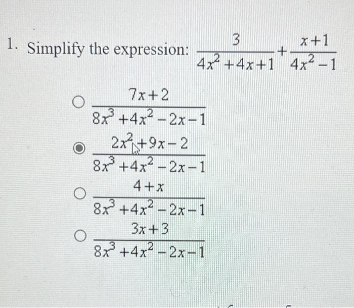 Solved the expression: 4x2+4x+13+4x2−1x+1 | Chegg.com
