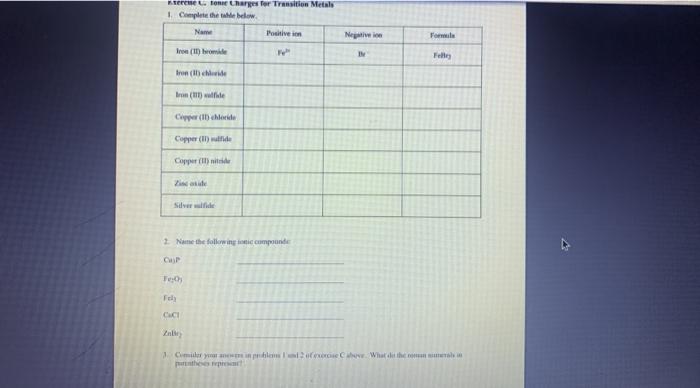 Solved en tone Charges for Transition Metal 1. Complete the | Chegg.com