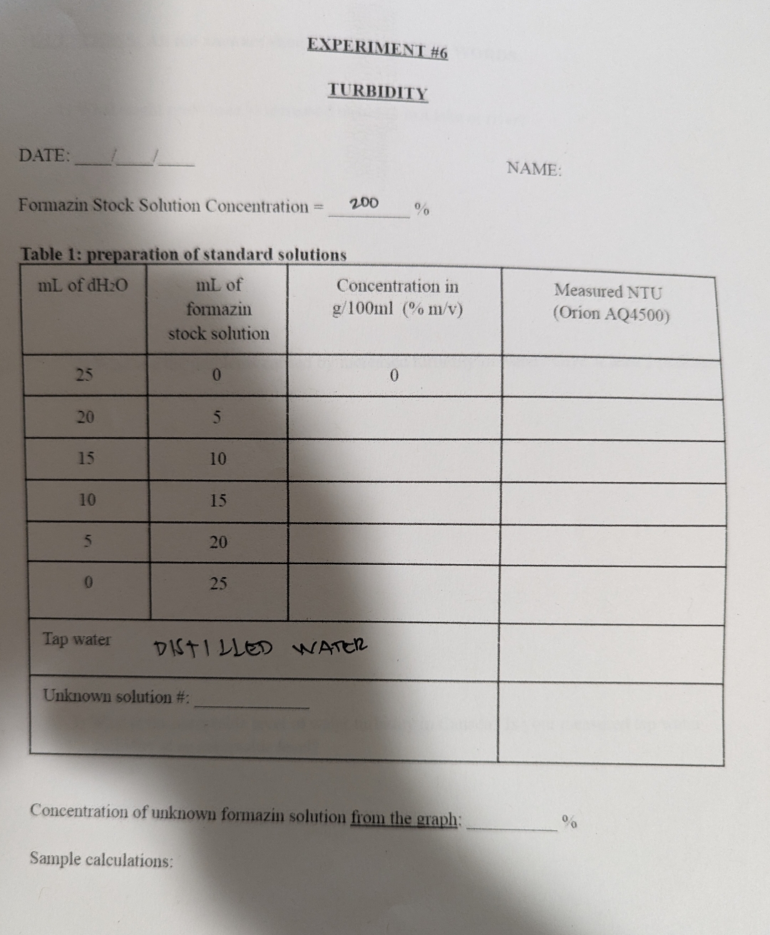 Solved EXPERIMENT #6IURBIDITYDATE:NAME:Formazin Stock | Chegg.com