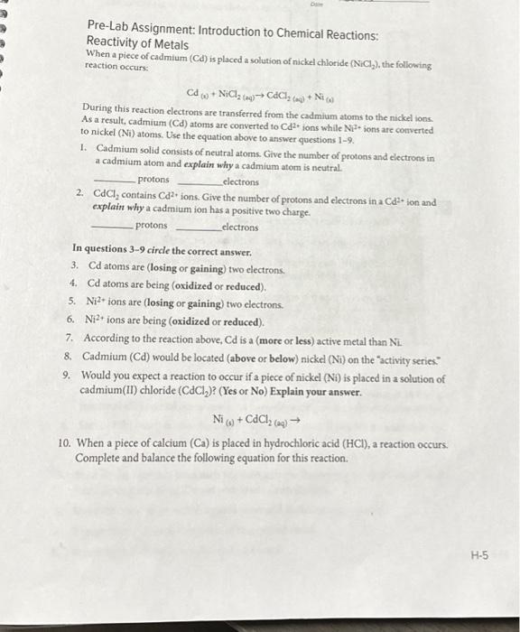 Solved Pre-Lab Assignment: Introduction to Chemical | Chegg.com