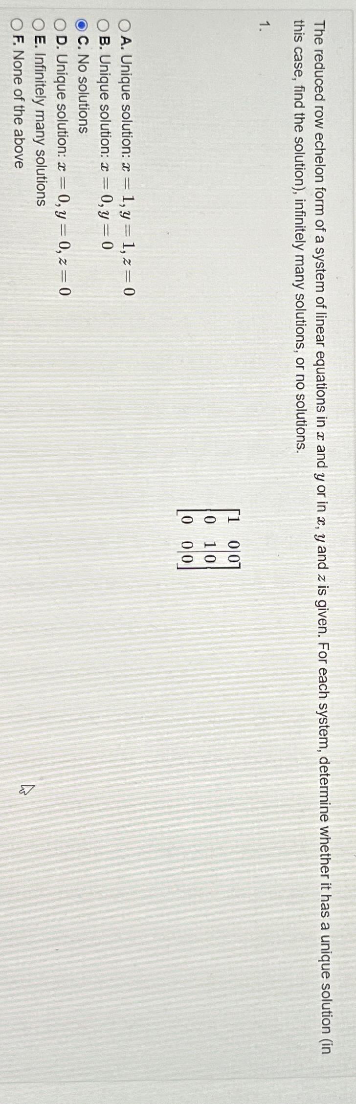 Solved The reduced row echelon form of a system of linear | Chegg.com