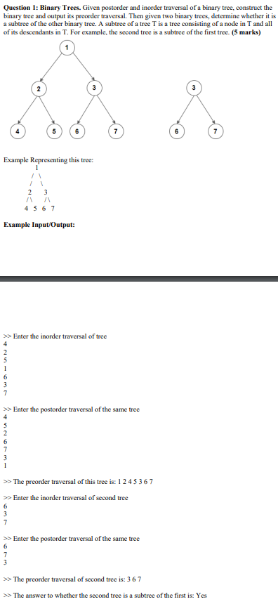 Solved JAVA: Question 1: Binary Trees. Given postorder and | Chegg.com