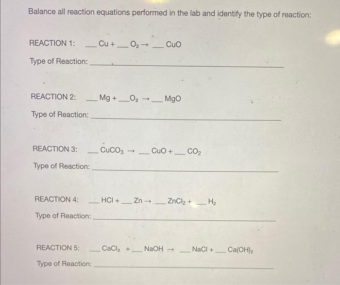 Solved Balance all reaction equations performed in the lab | Chegg.com