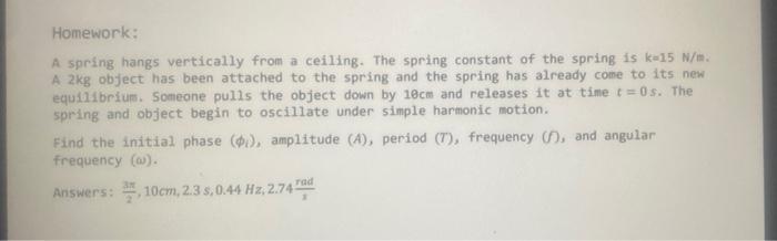 Solved Homework: A spring hangs vertically from a ceiling. | Chegg.com