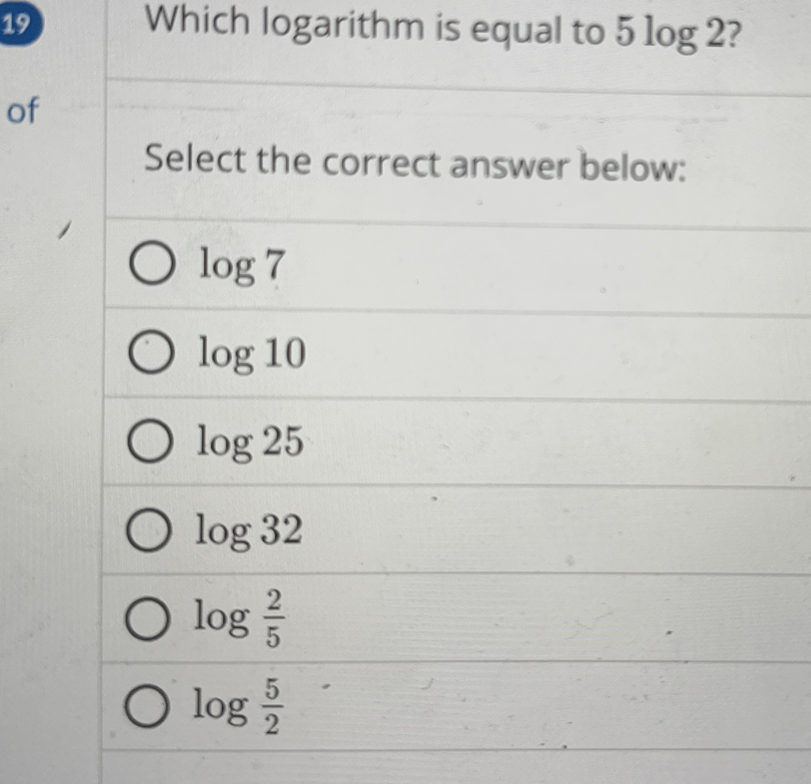 Solved 19Which logarithm is equal to 5log2 ?ofSelect the | Chegg.com