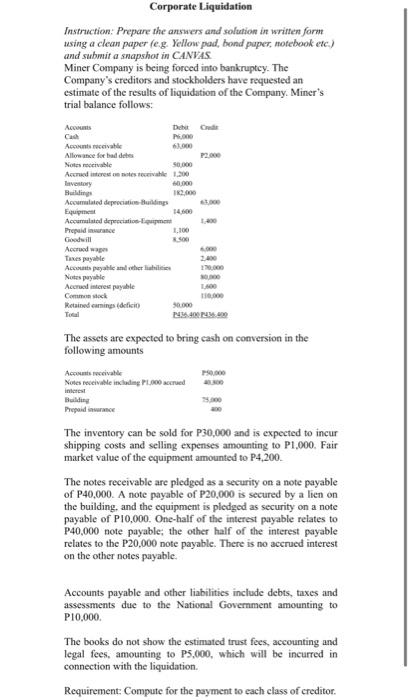 Corporate Liquidation Instruction: Prepare the | Chegg.com