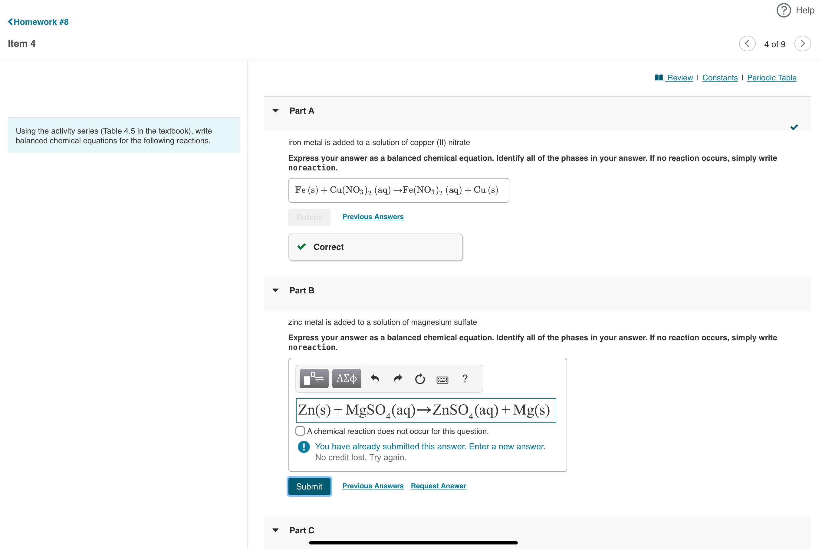 Solved Part AUsing the activity series (Table 4.5 ﻿in the | Chegg.com