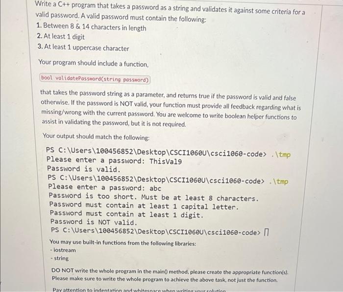 Solved Write a C++ program that takes a password as a string | Chegg.com