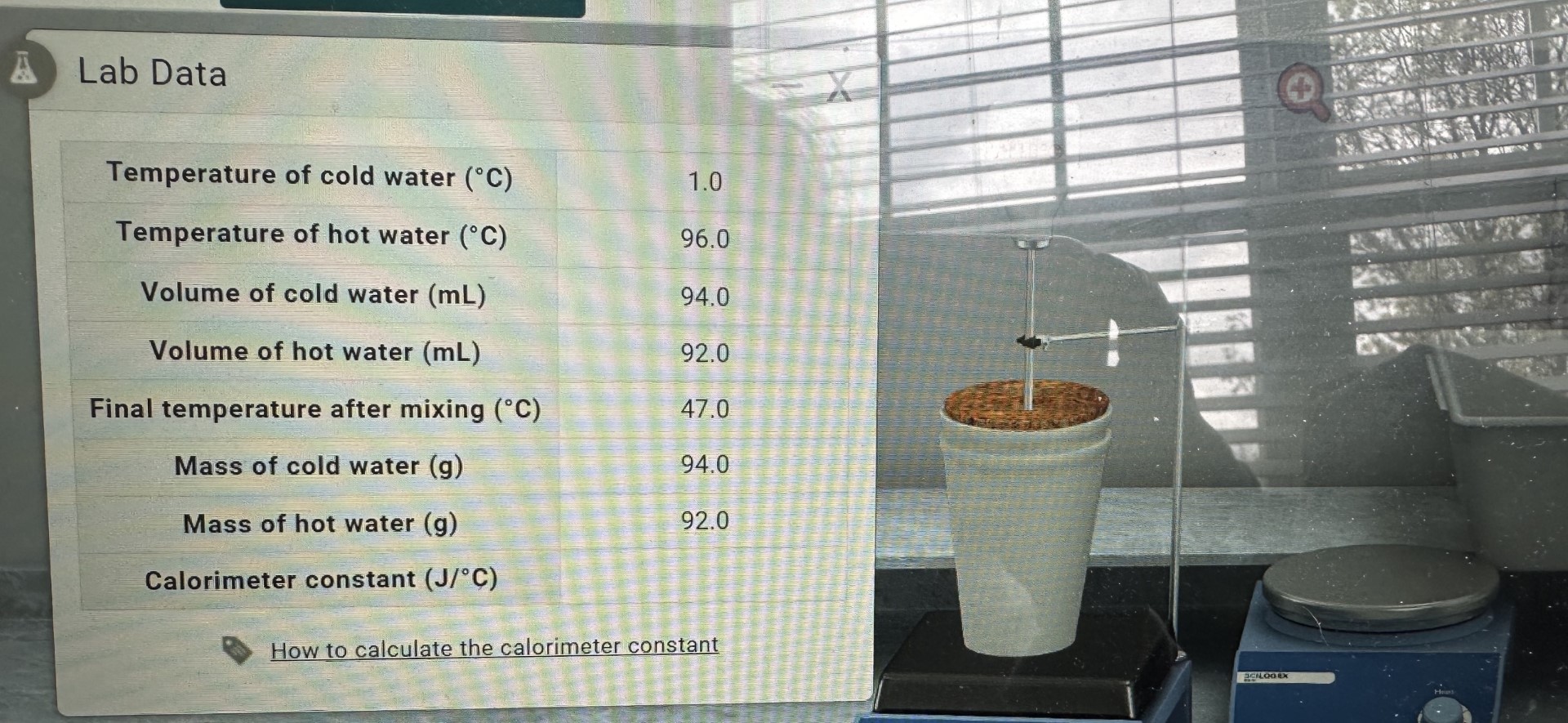 Solved Lab Data: Calculate the calorimeter constante to 2 | Chegg.com