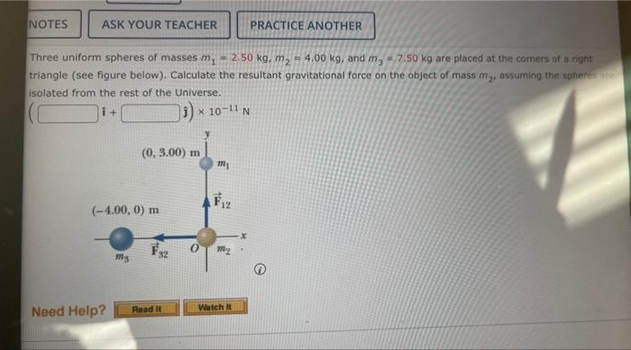 Solved Three uniform spheres of masses m1=2.50 kg,m2=4.00 | Chegg.com